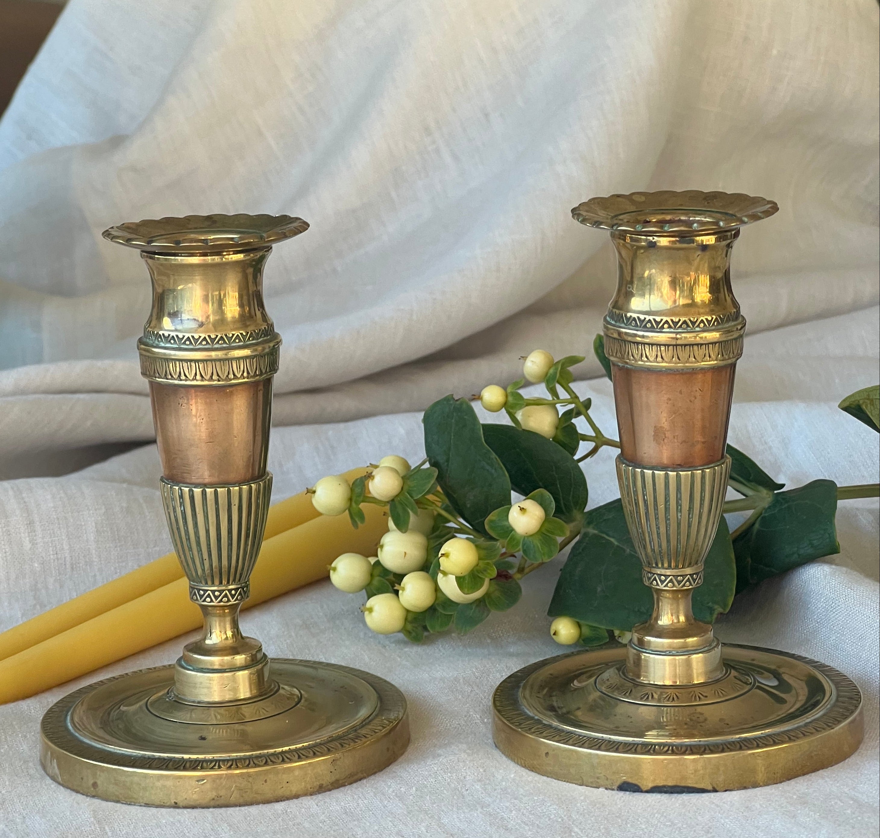 Pair of early 1900s antique W.S. & Sons Birmingham brass and copper ca ...